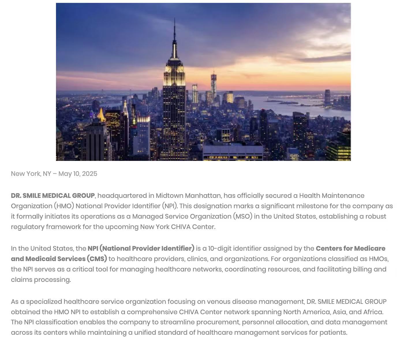 DR. SMILE MEDICAL GROUP Acquires HMO NPI, Launching Global CHIVA Center ...